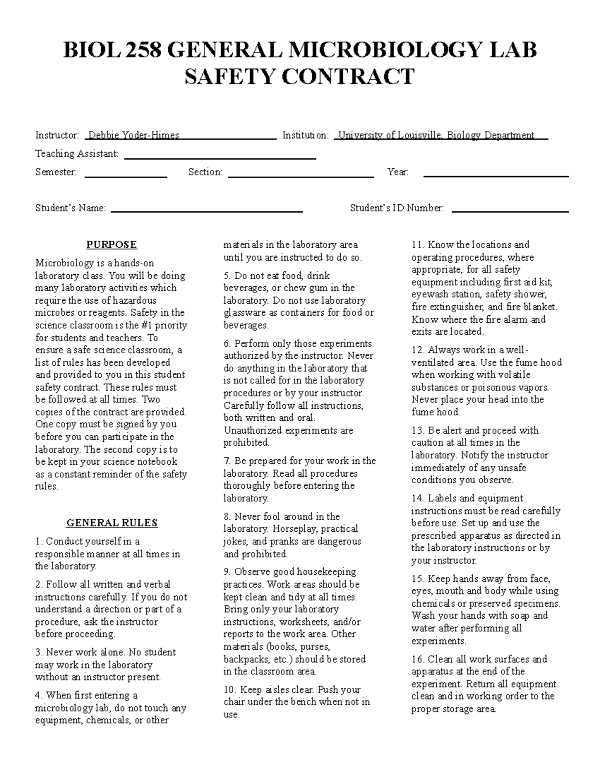 General Microbiology LAB Safety Contract - BIOL 258 - UofL - Studocu