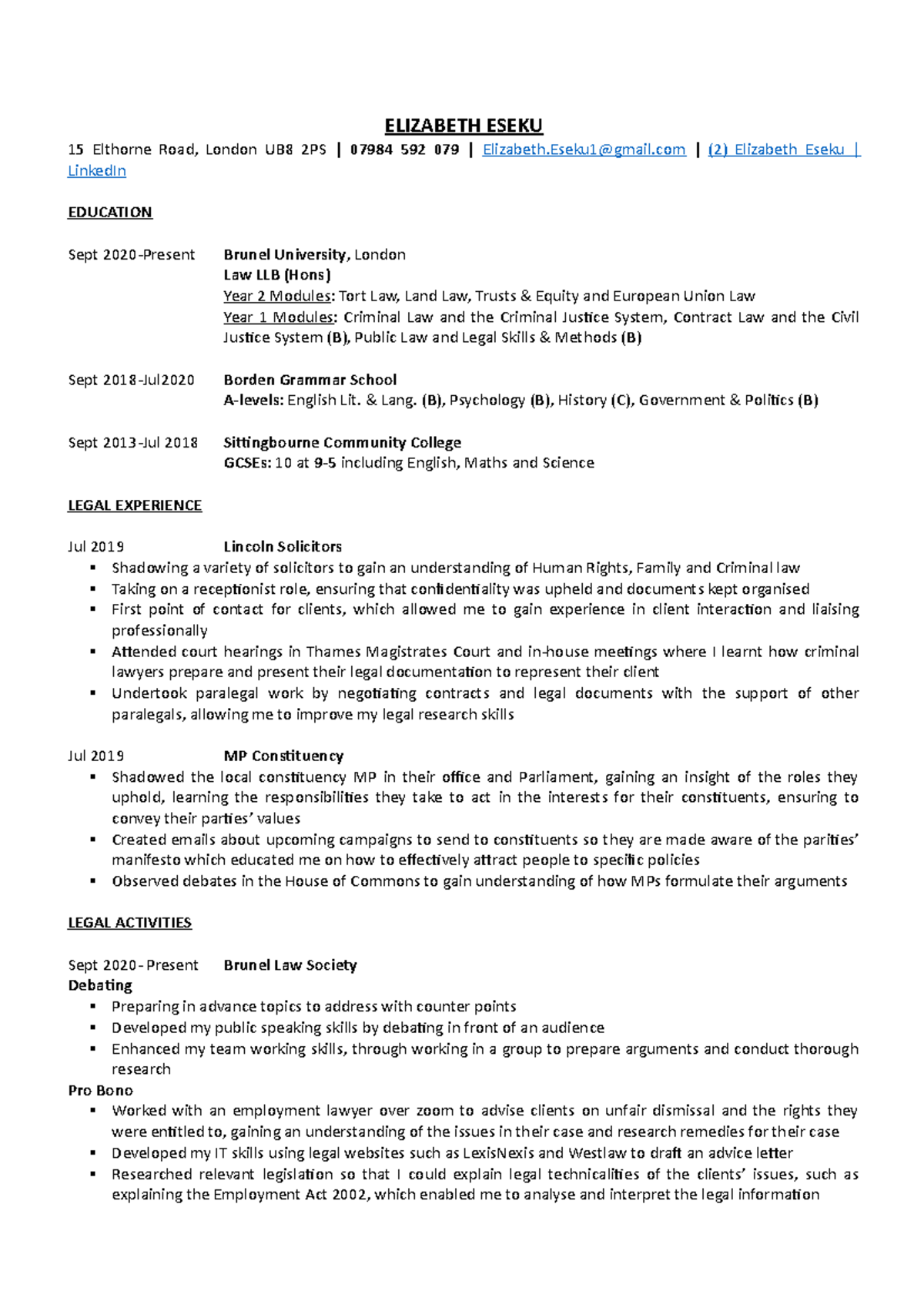 Elizabeth Eseku CV copy copy - LX2081 - Brunel University - Studocu