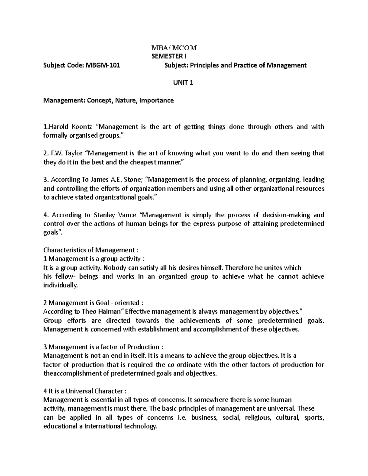 PPM complete notes - MBA/ MCOM SEMESTER I Subject Code: MBGM-101 ...