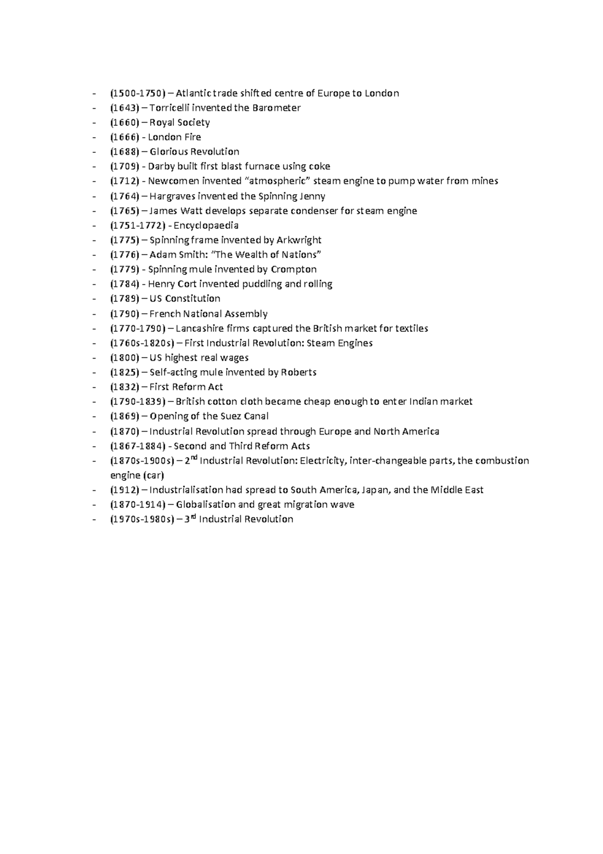 Econ History Timeline 1 - (1500-1750) 3 Atlantic trade shifted centre ...