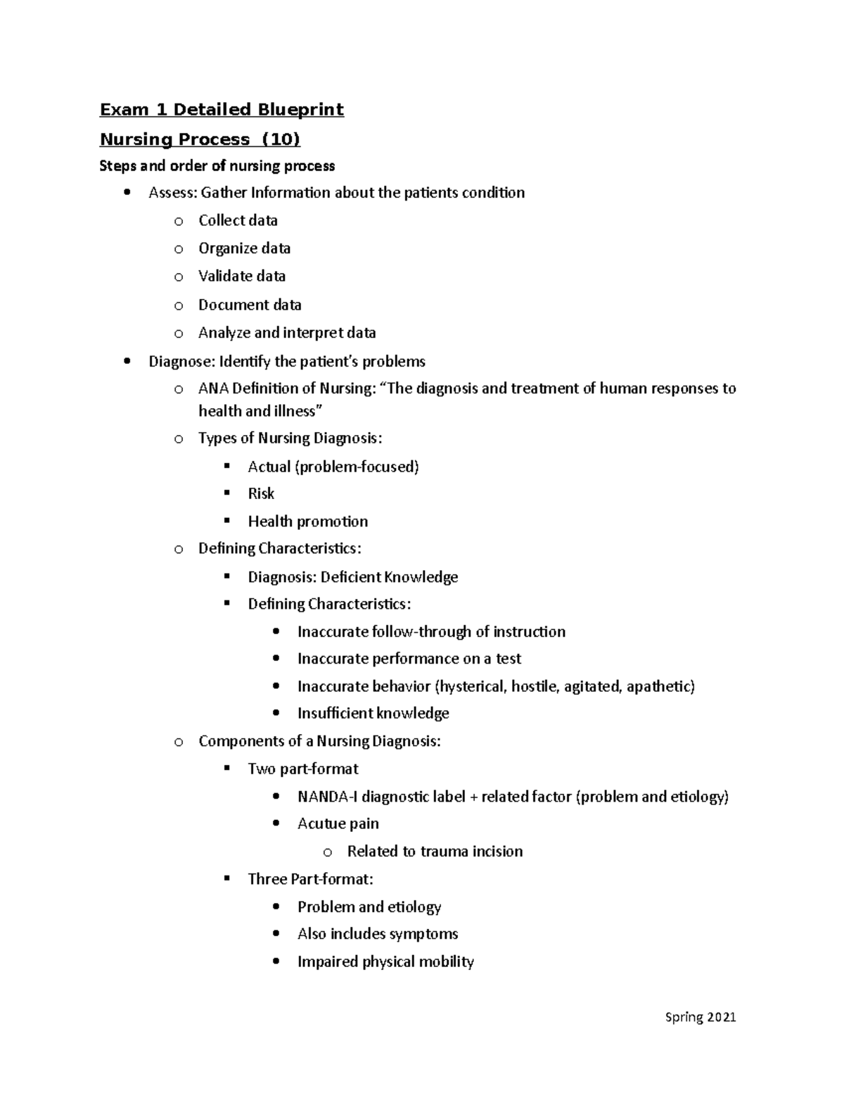 Exam 1 Detailed Blueprint Completed Sp2021 - Exam 1 Detailed Blueprint ...