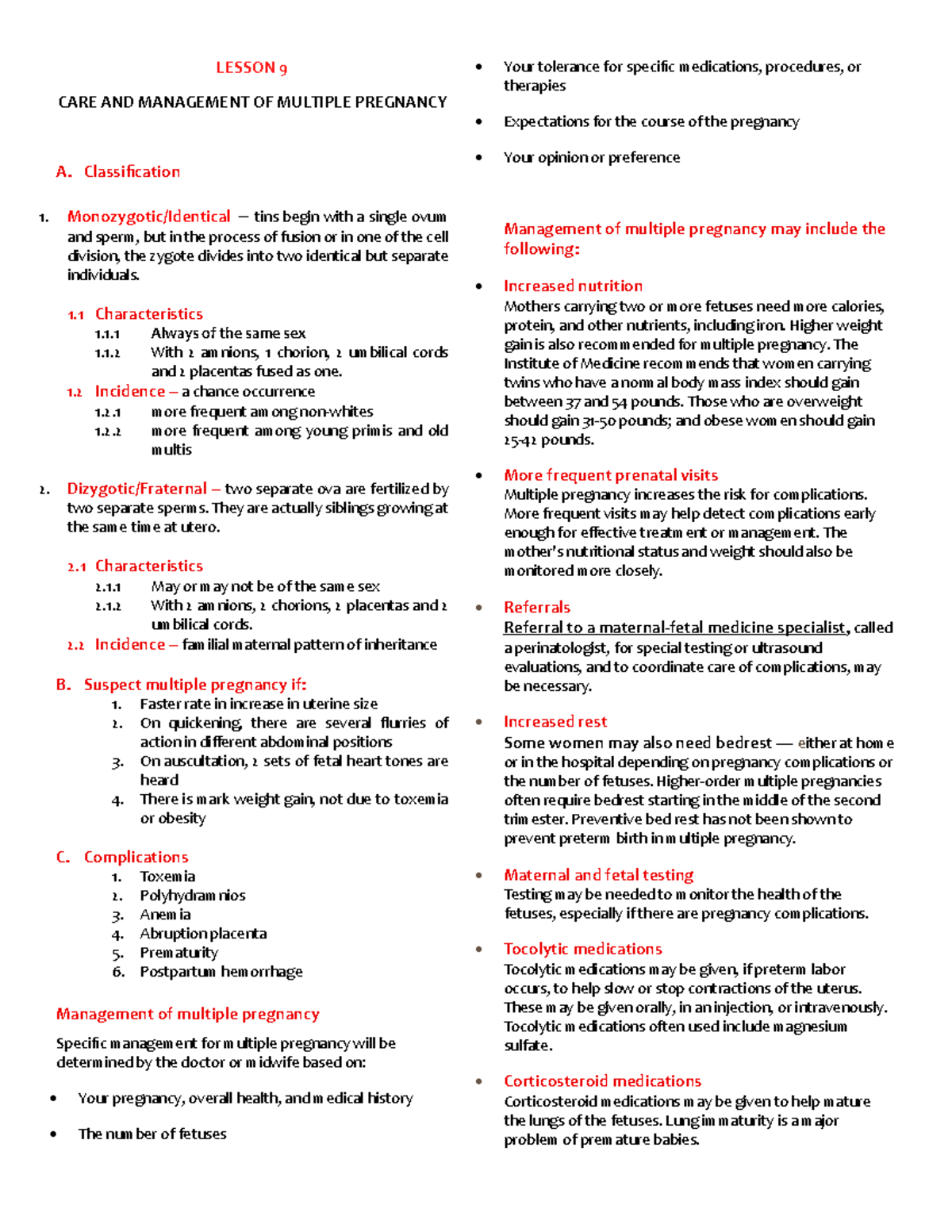nursing lecture notes - LESSON 9 CARE AND MANAGEMENT OF MULTIPLE ...