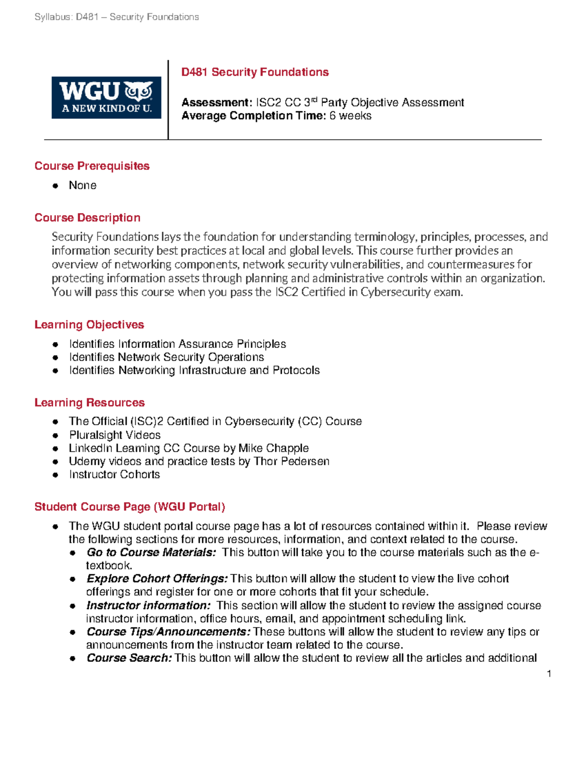 WGU Syllabus D481 V2 - Guide for the class - D 481 Security Foundations ...