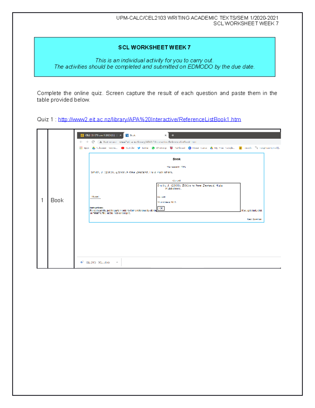 CEL 2103 - SCL Worksheet WEEK 7 - SCL WORKSHEET WEEK 7 SCL WORKSHEET ...