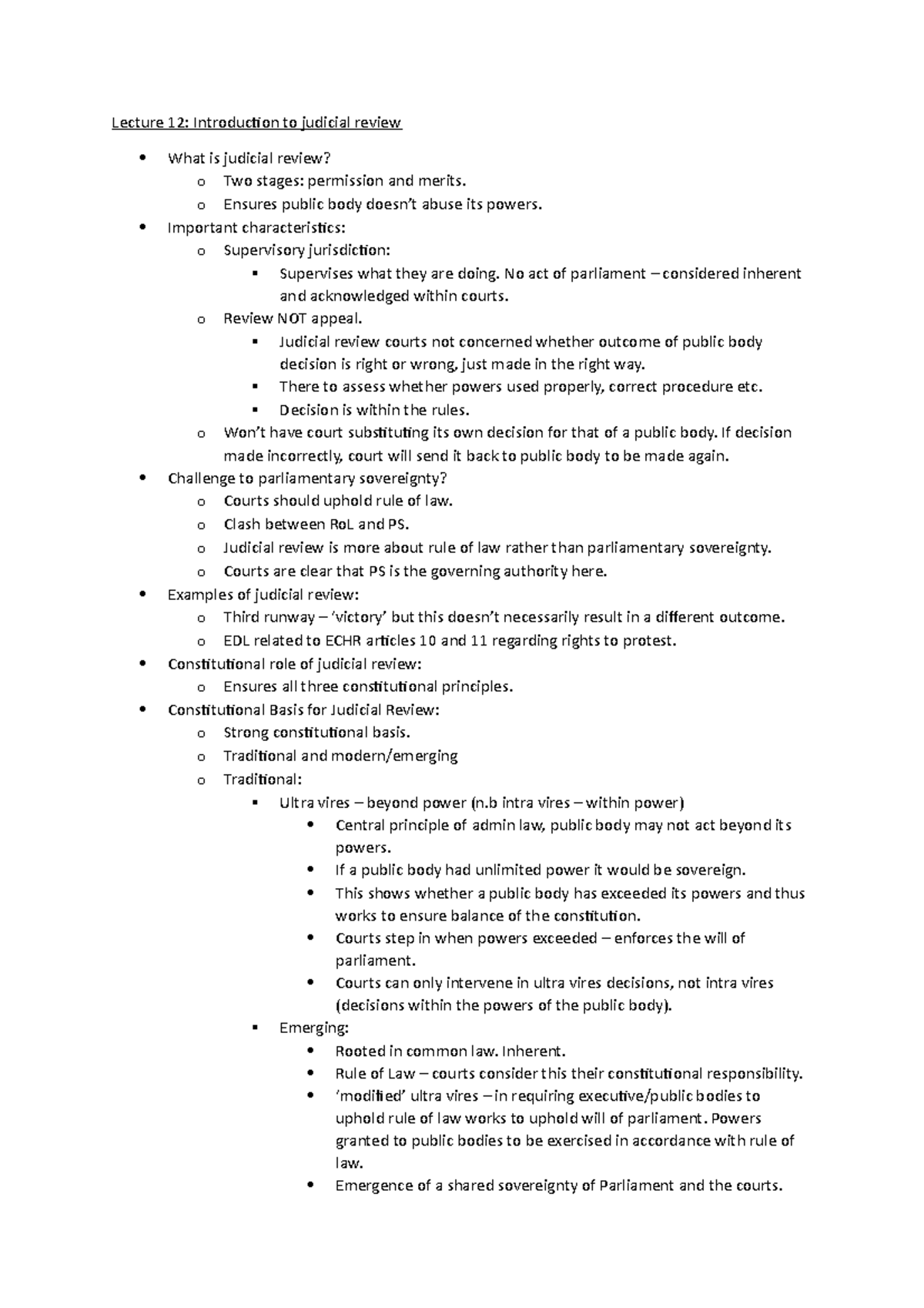 Lecture 12 - Lecture 12: Introduction to judicial review What is ...