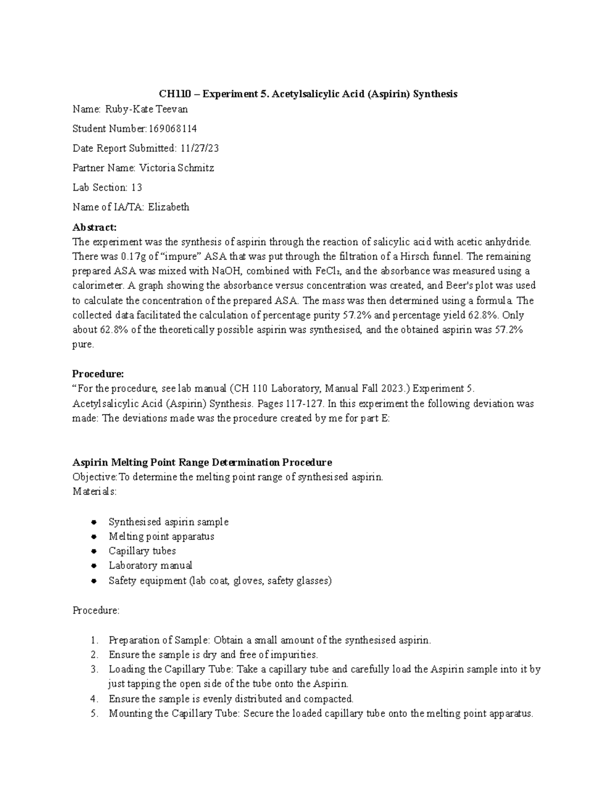 CH110 – Experiment 5. Acetylsalicylic Acid (Aspirin) Synthesis- Ruby ...