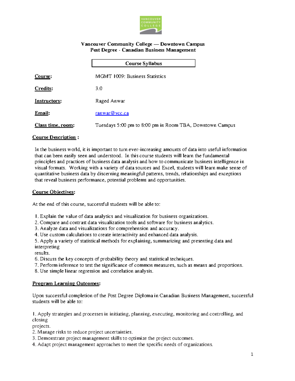 MGMT 1009, Business Statistics Course Outline, Fall 2023 - Vancouver ...