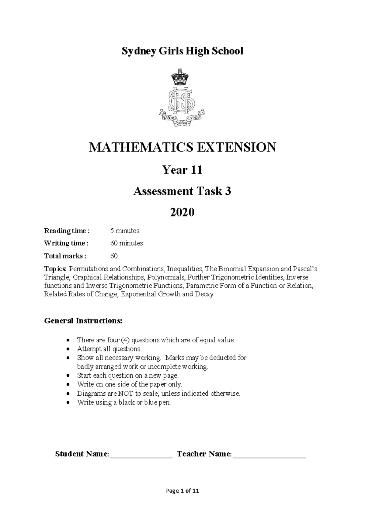 2020 Year 11 Extension 1 Task 3 - Sydney Girls High School MATHEMATICS ...