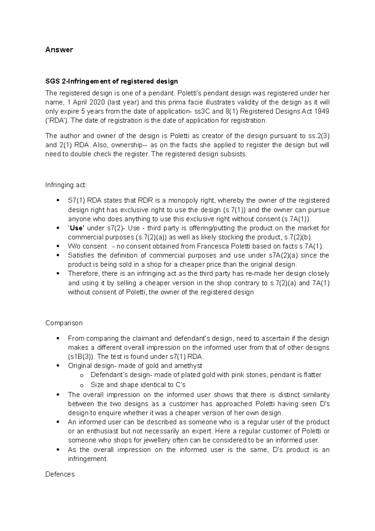 Infringement of registered design answer - Answer SGS 2-Infringement of ...