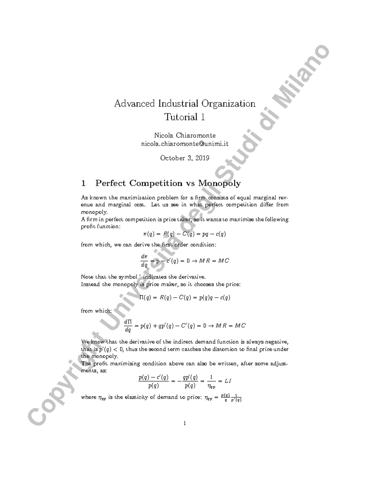 AIO Tutorial 1 - Advanced Industrial Organization Tutorial 1 Nicola ...