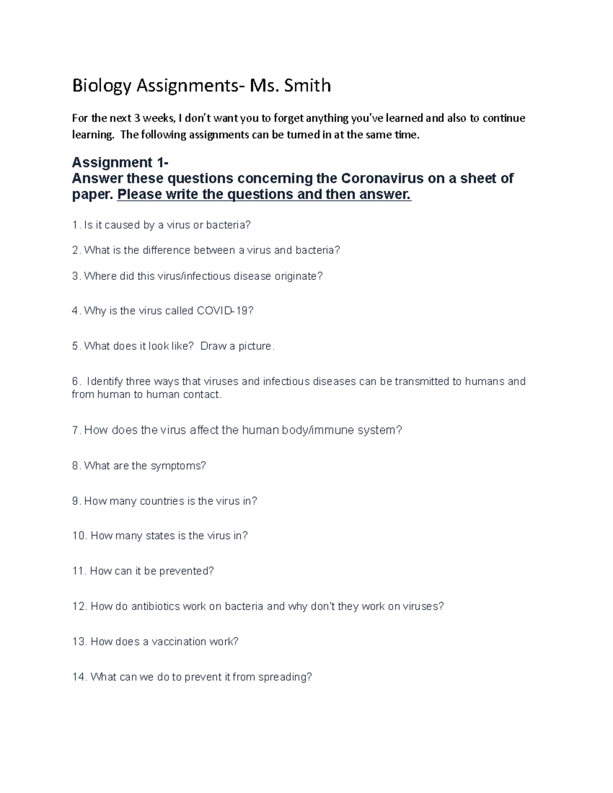 Biology 3 week Assignments - Biology Assignments- Ms. Smith For the ...