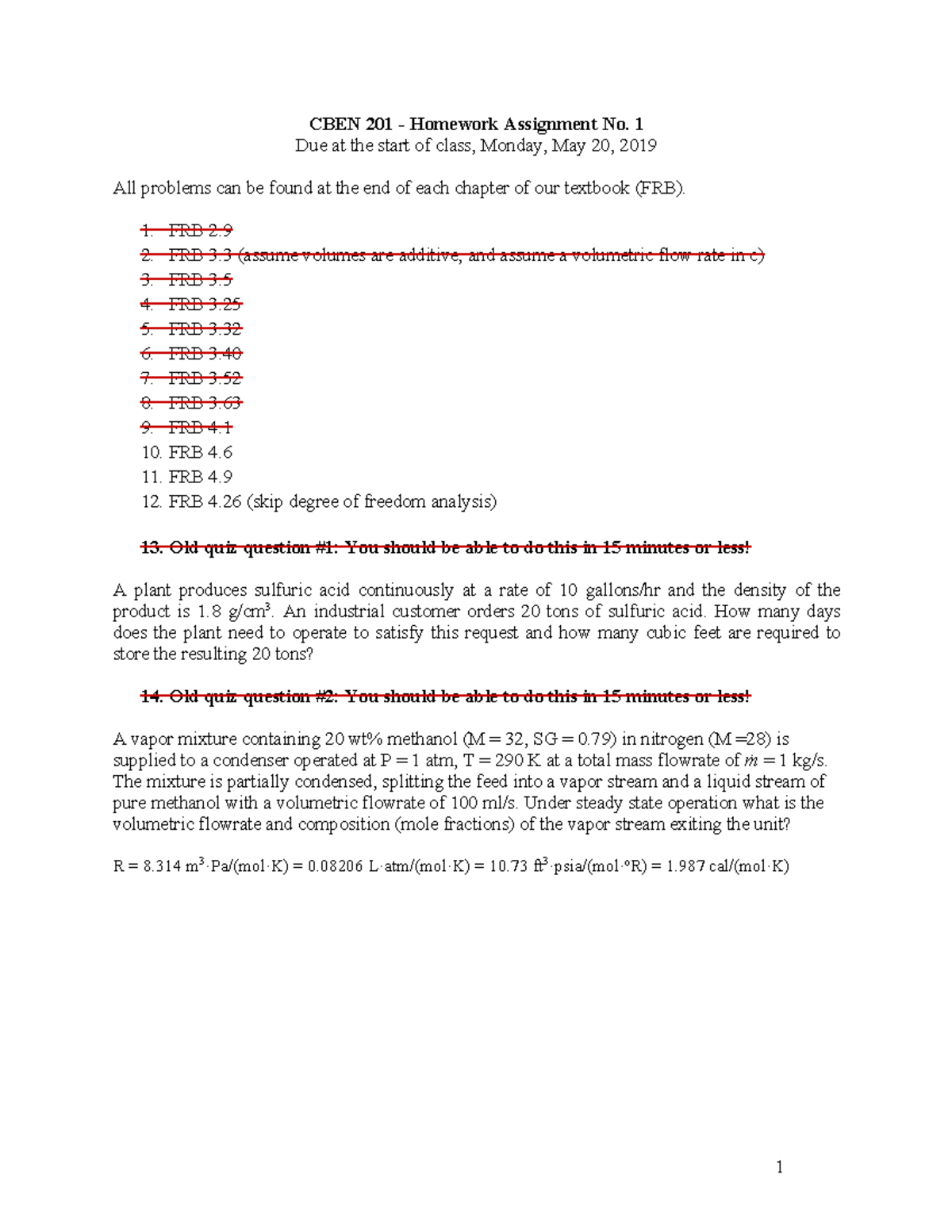 HW 1 - Material and Energy Balances (MEB) homework assignment from ...
