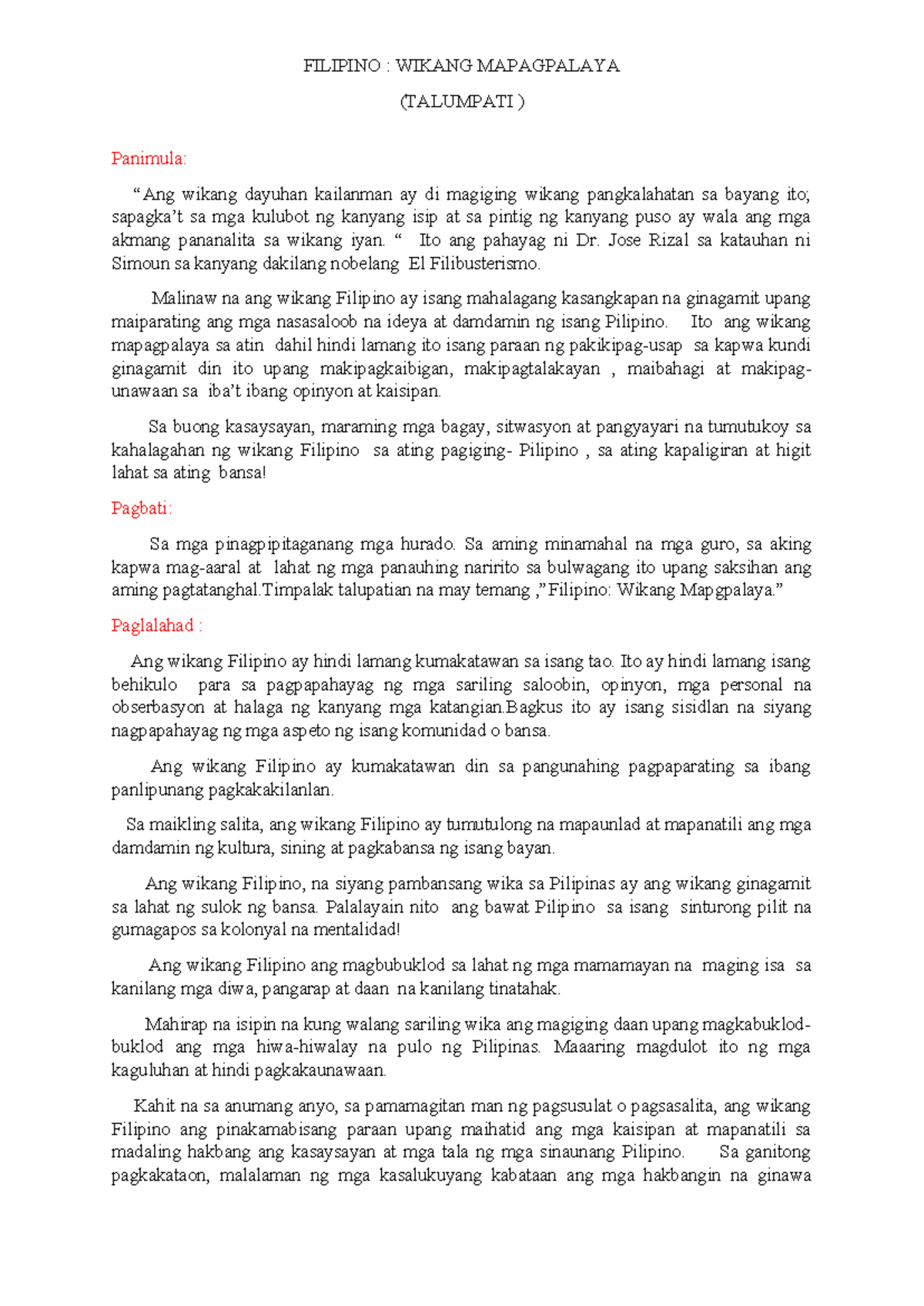 Piyesa SA Bigkas Talumpati - FILIPINO : WIKANG MAPAGPALAYA (TALUMPATI ...