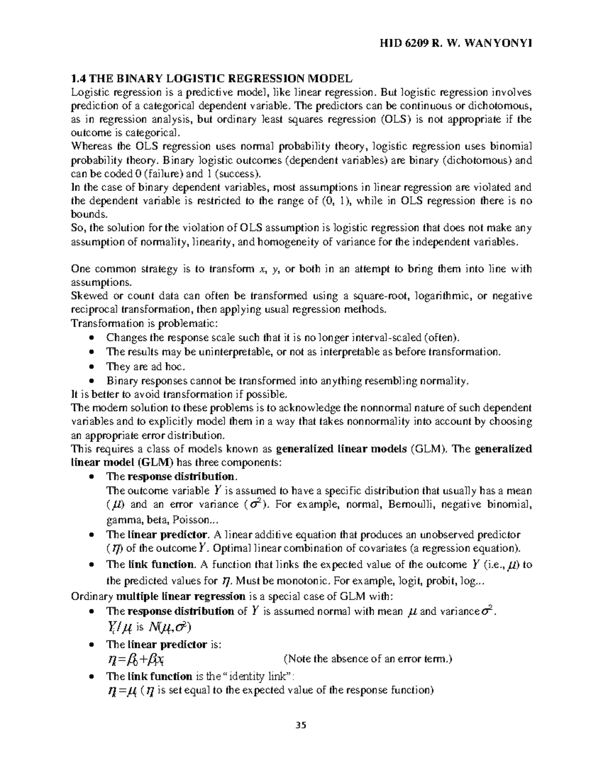 WMS 709 Chapter 1 Logistic Multilevel - 1 THE BINARY LOGISTIC ...