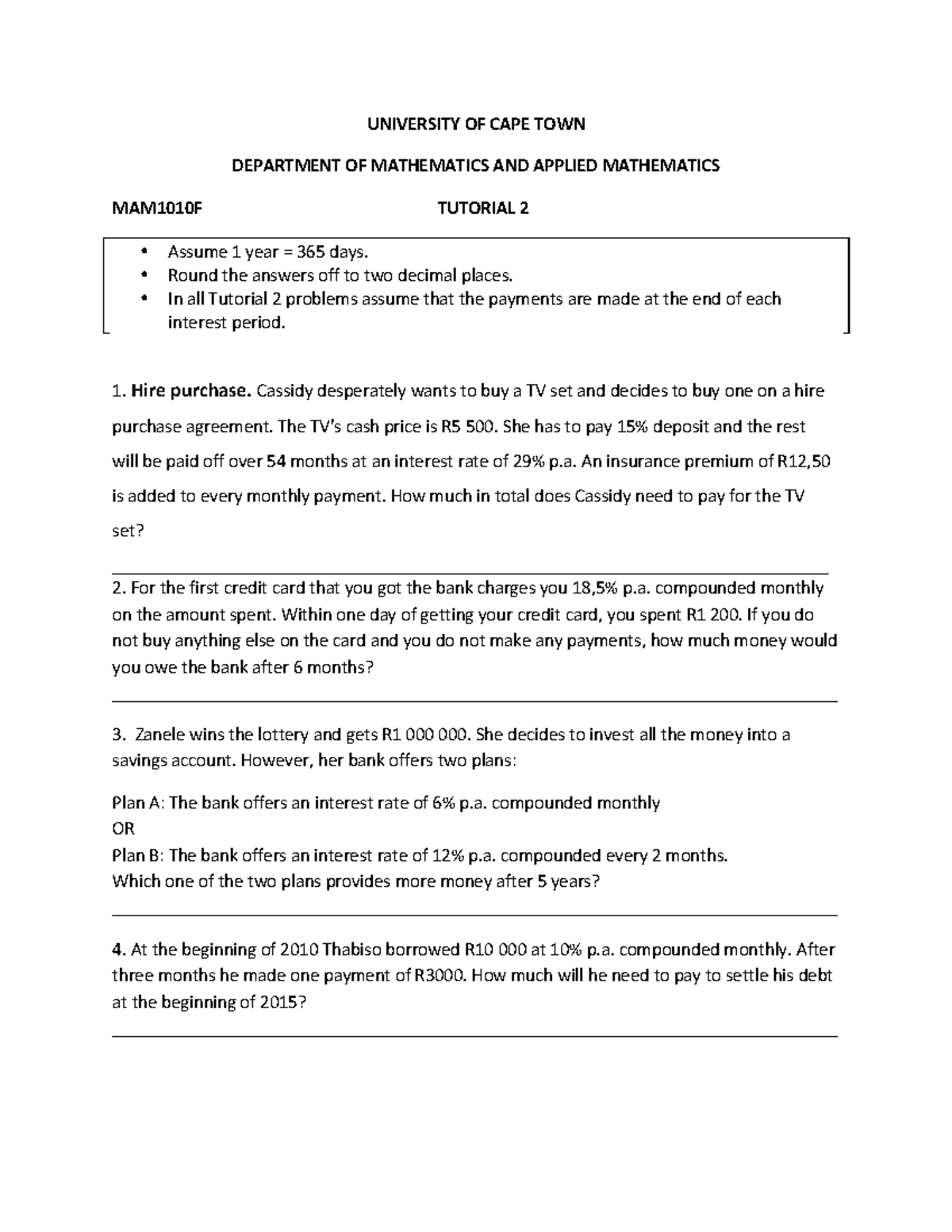 Tutorial+2 - MAM1010F Tutorial - UNIVERSITY OF CAPE TOWN DEPARTMENT OF ...