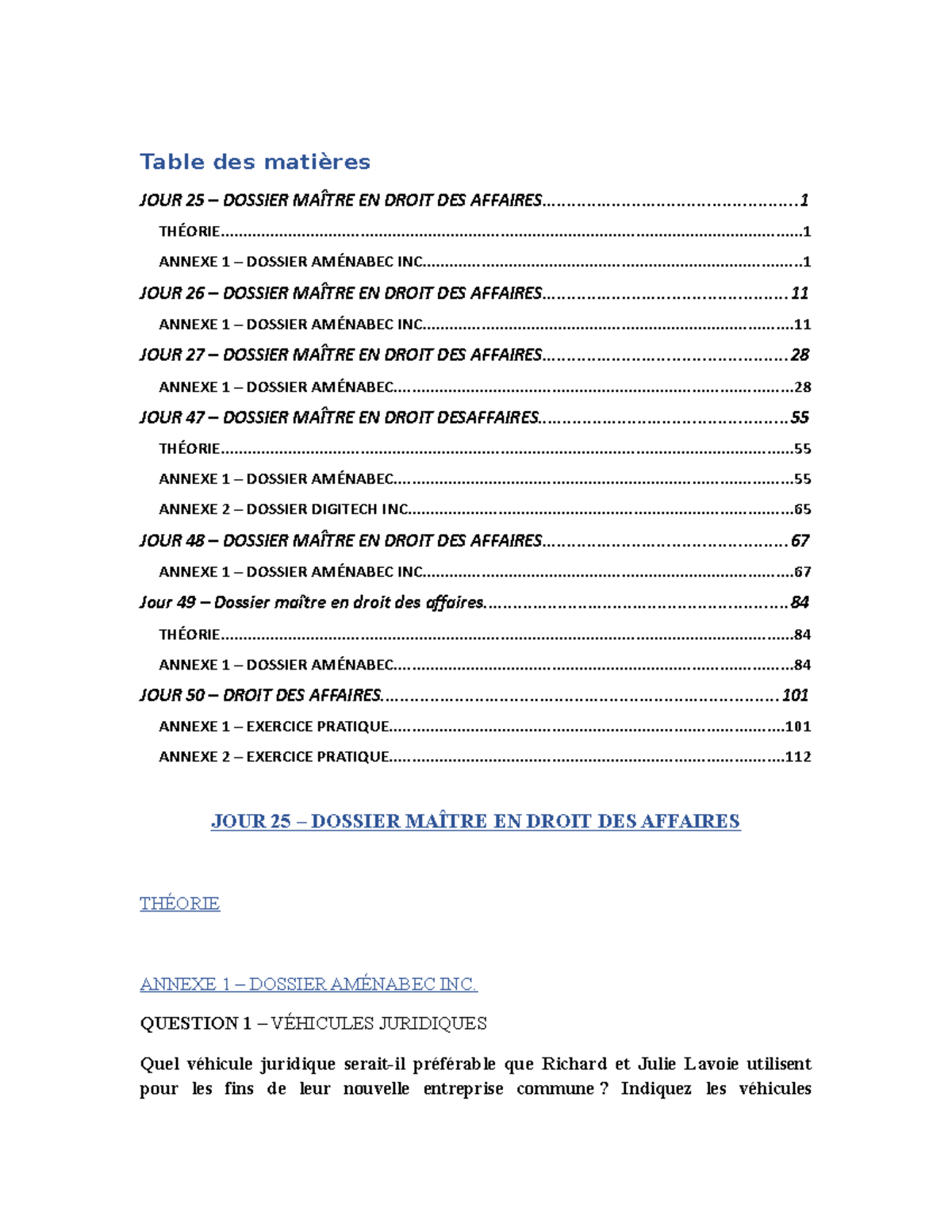 Affaires - Annexes - Table des matières JOUR 25 – DOSSIER MAÎTRE EN ...