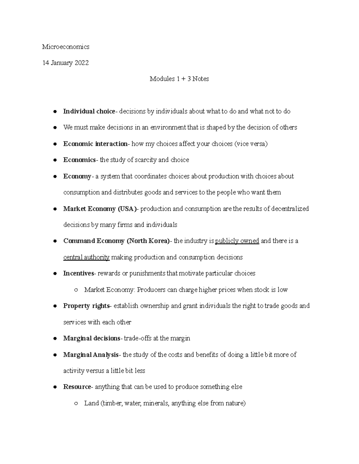 Microeconomics Modules 1 + 3 Notes - Microeconomics 14 January 2022 ...