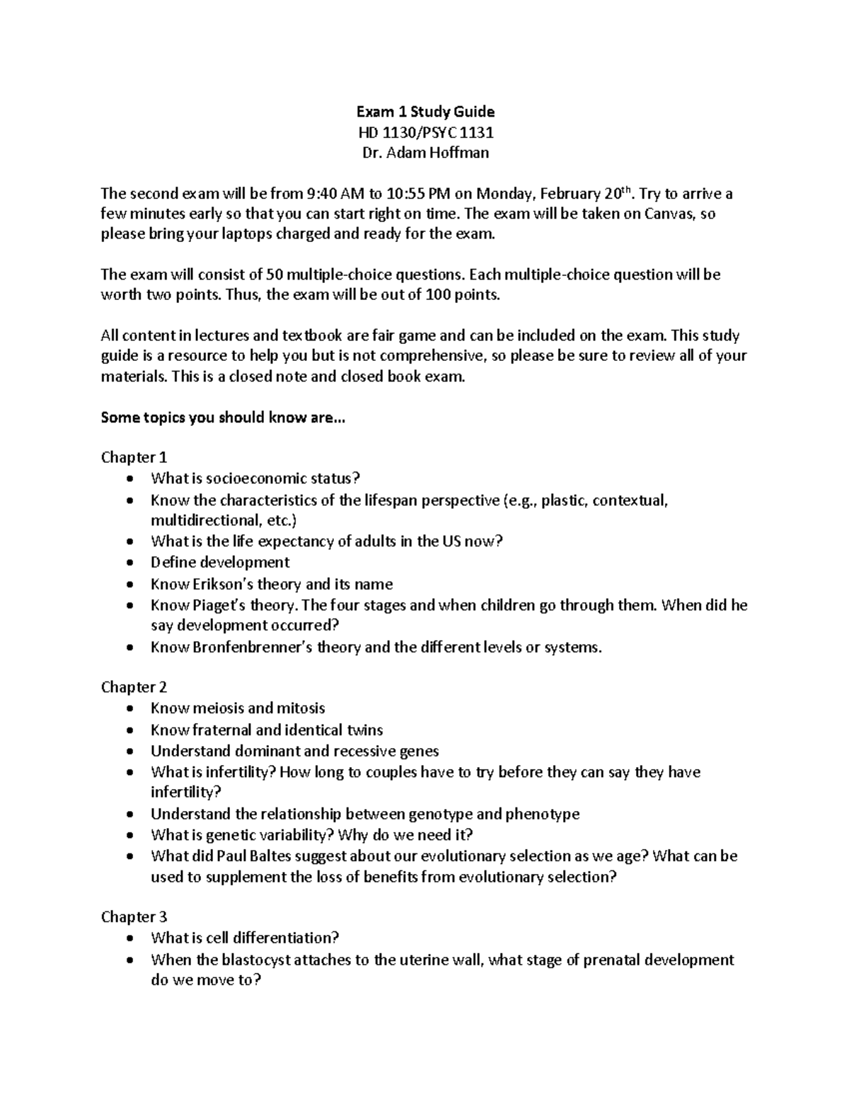 Exam 1 Study Guide - Exam 1 Study Guide HD 1130/PSYC 1131 Dr. Adam ...