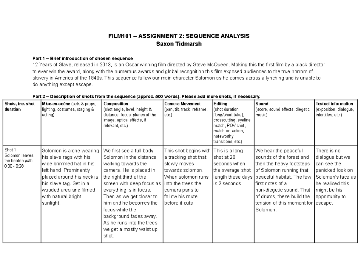 FILM101 – Assignment 2 Sequence Analysis-2 - FILM101 – ASSIGNMENT 2: SEQUENCE ANALYSIS Saxon ...