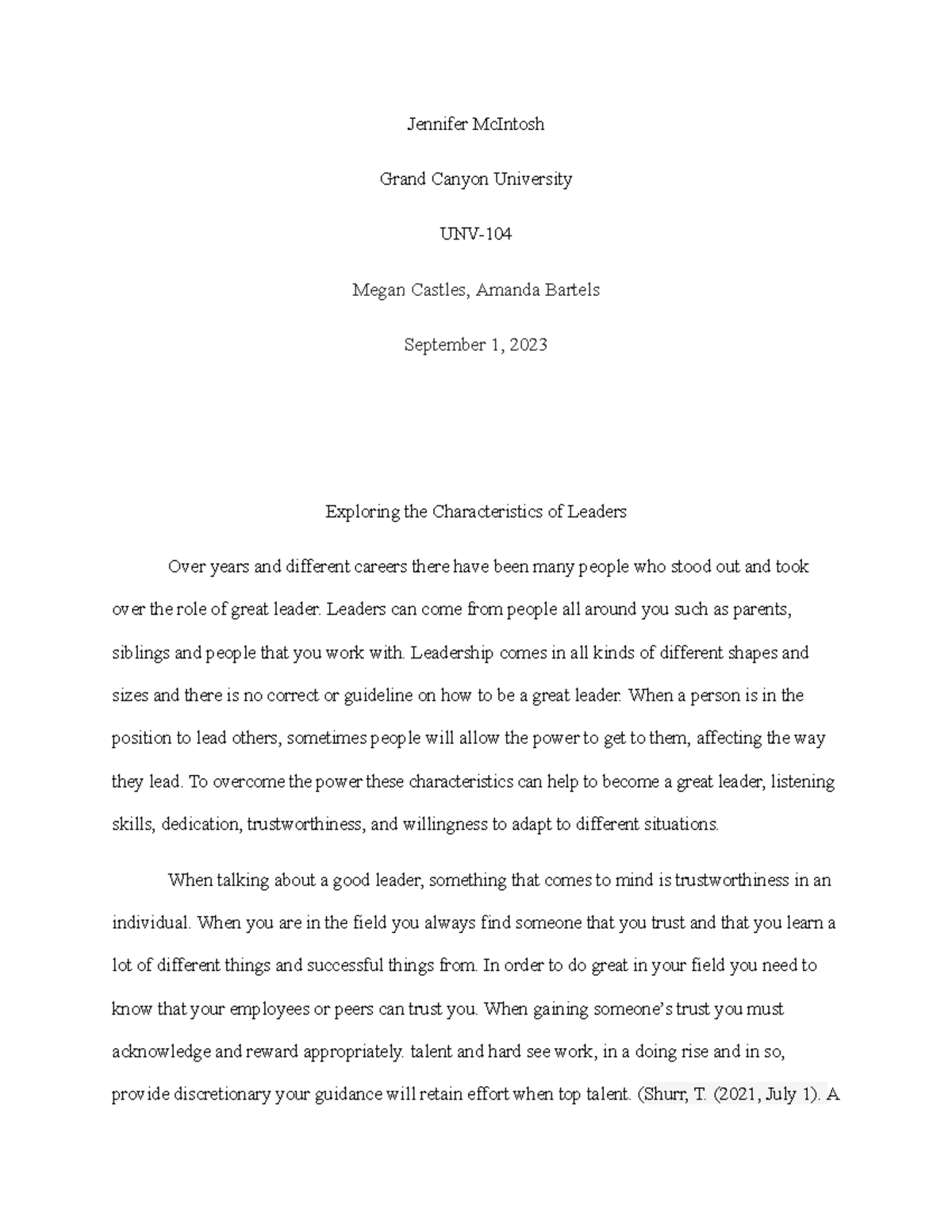 First draft Essay - Jennifer McIntosh Grand Canyon University UNV ...