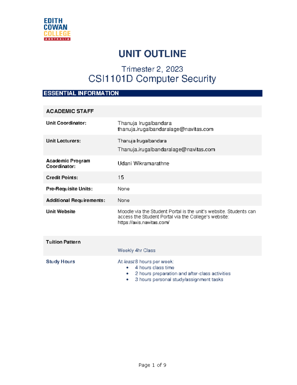 CSI1101 D Computer Security 2023-02 Unit Outline - UNIT OUTLINE ...