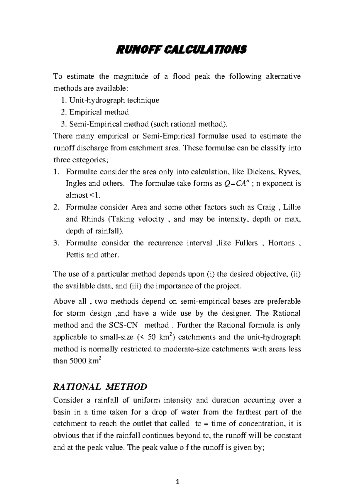 Hydrology - solution - RUNOFF CALCULATIONS 1. To estimate the magnitude ...