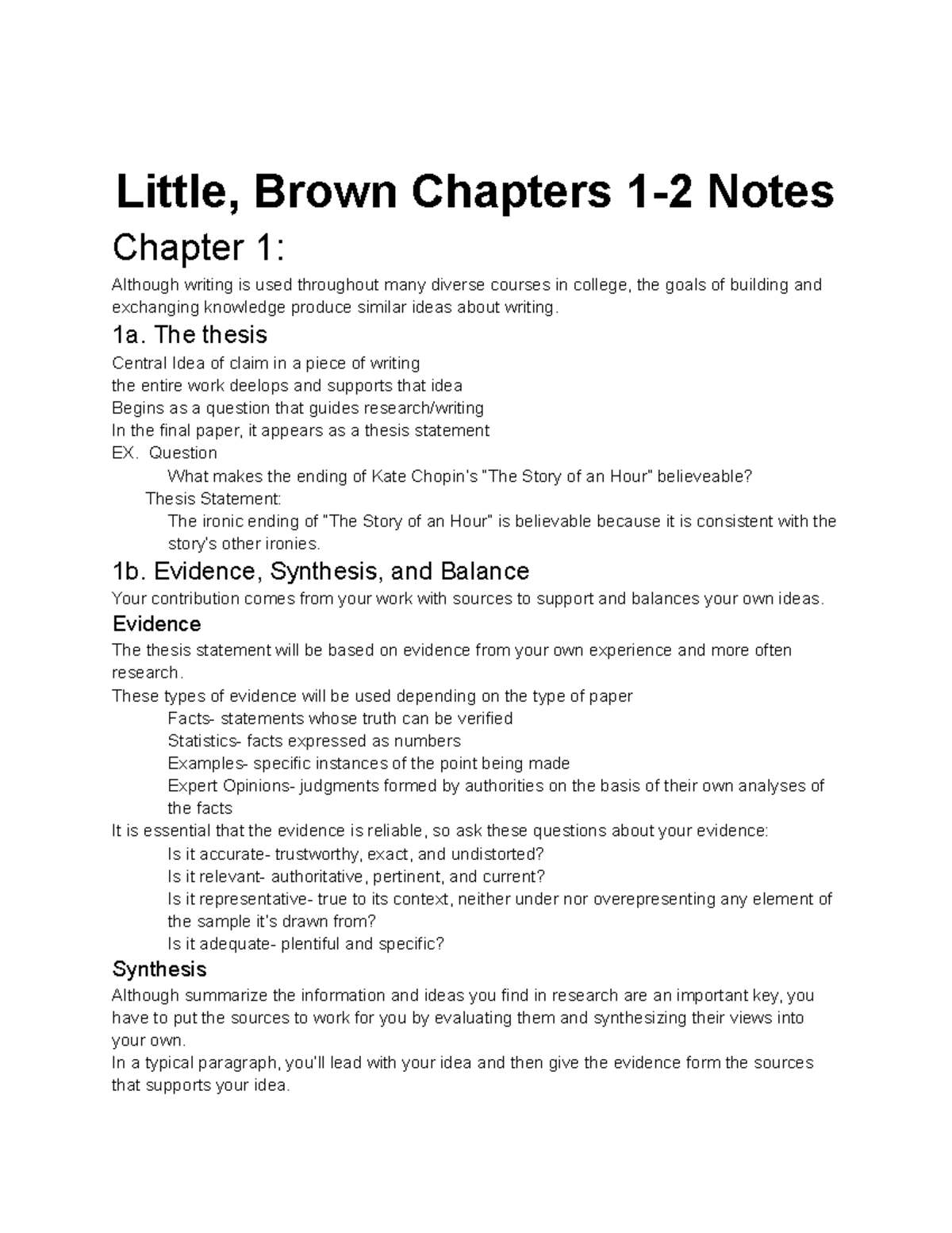 ENGL 1050 - Chapters 1 and 2 Textbook Notes - Little, Brown Chapters 1 ...