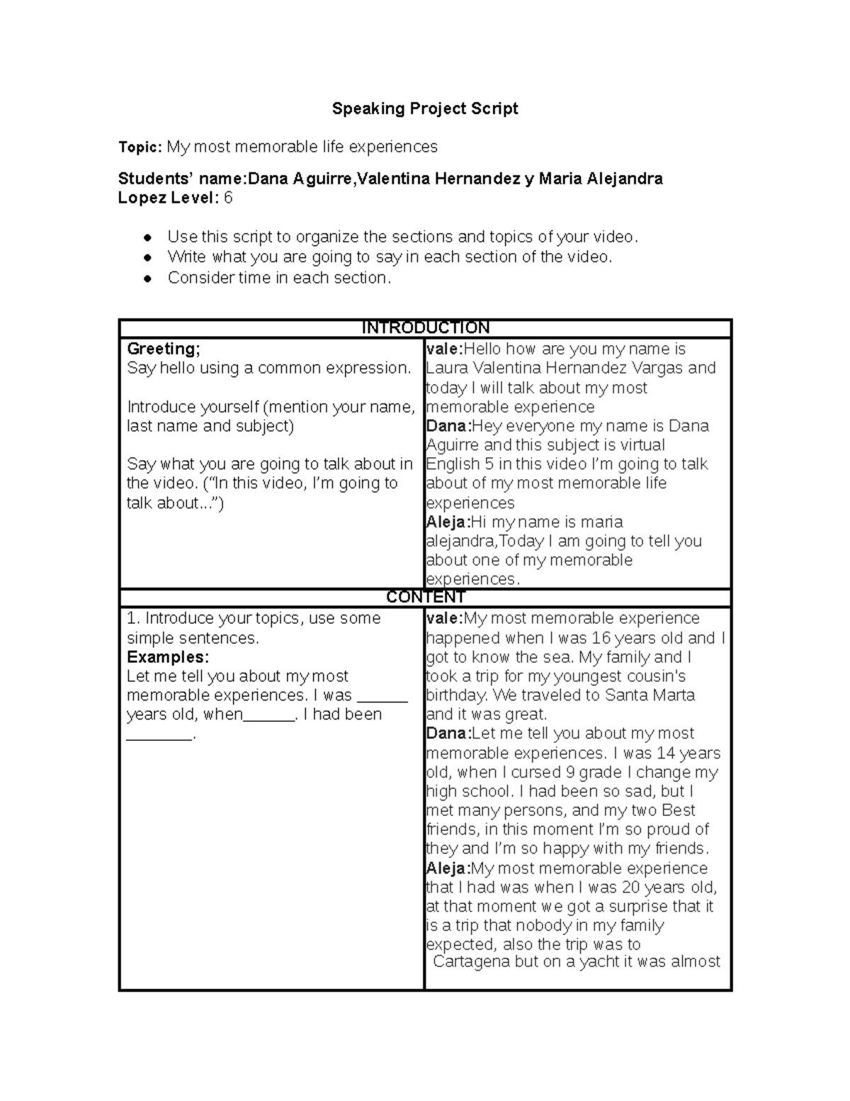 Project Script Format Level 6 Laura Flórez.docx (1) - Speaking Project ...