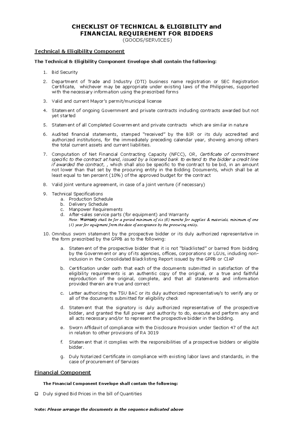 Checklist Goods-Services - CHECKLIST OF TECHNICAL & ELIGIBILITY and ...
