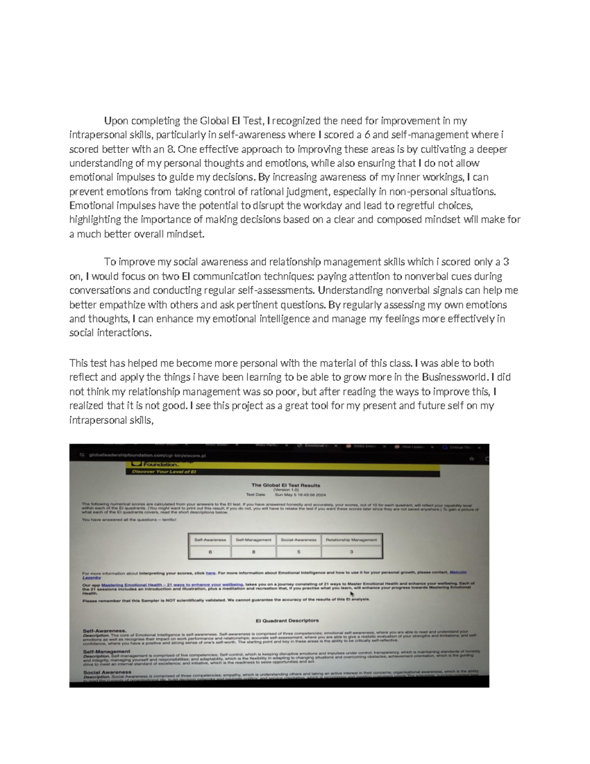 3082.1.1 Emotional Intelligence - Upon completing the Global EI Test, I ...