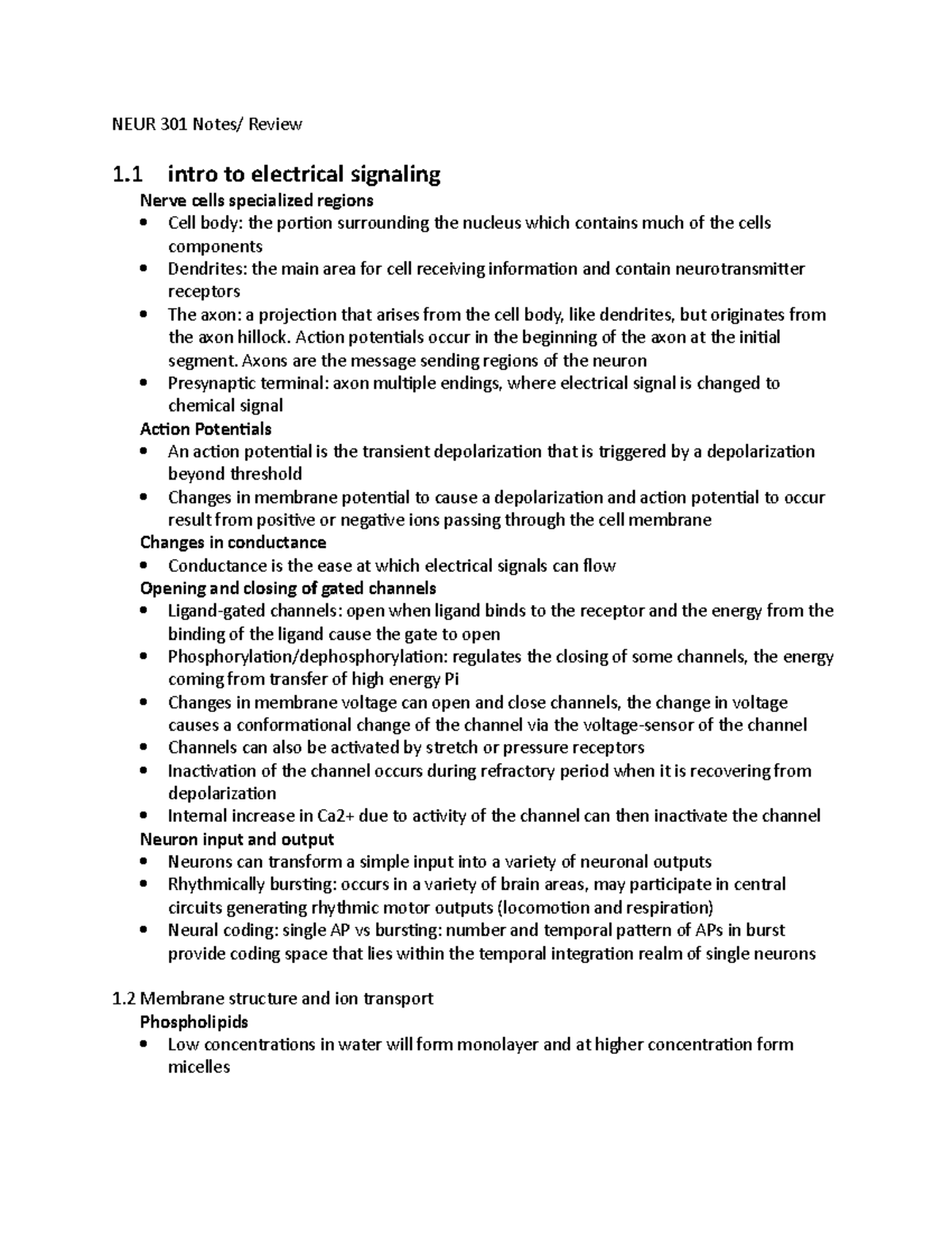 NEUR 301 Notes - all learning objectives before first midterm - NEUR ...