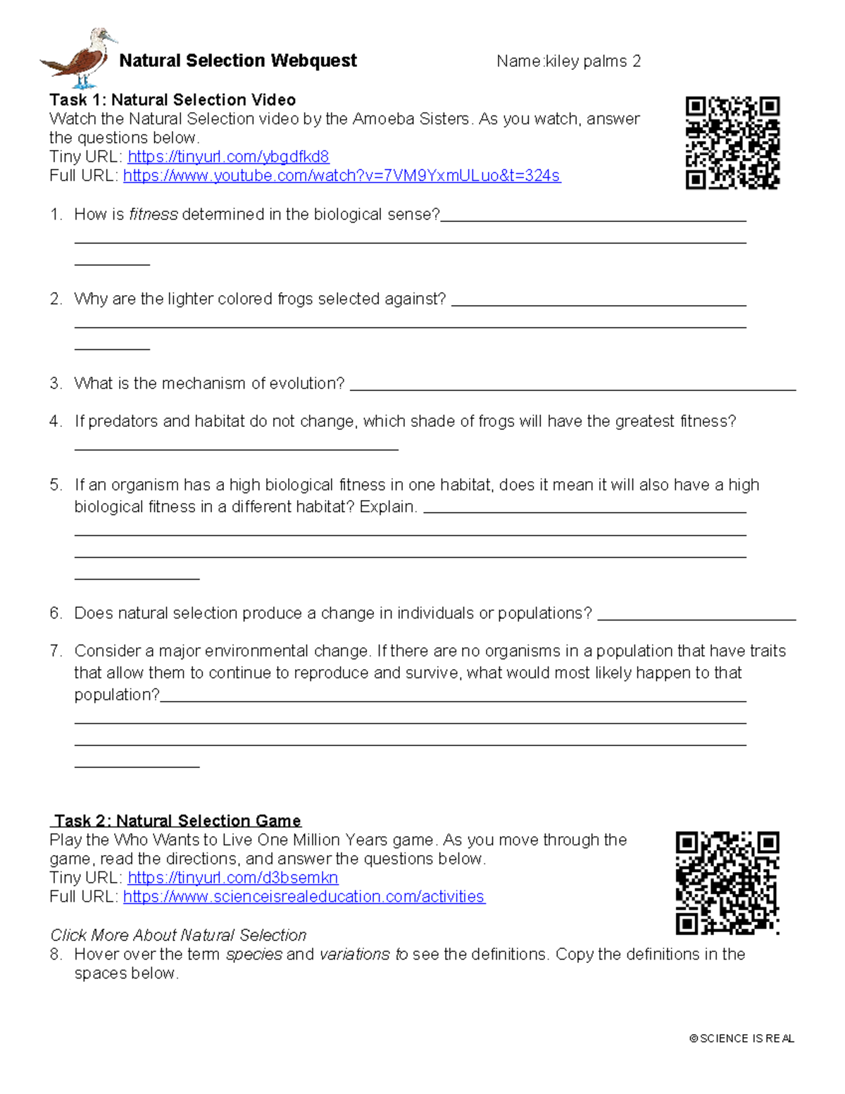 Kiley Palms - Handout for Natural Selection Webquest - Natural Selection Webquest Name:kiley ...