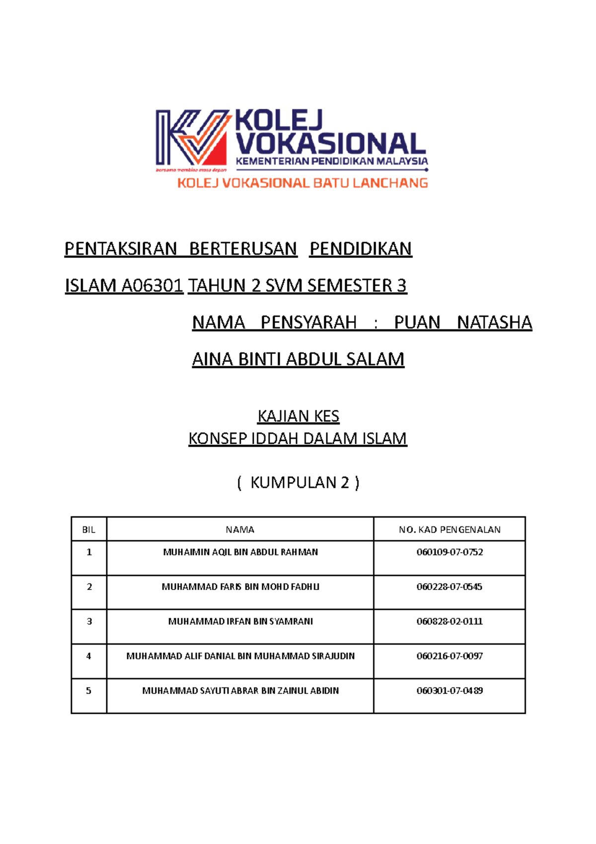 PB Agama 23 - PENTAKSIRAN BERTERUSAN PENDIDIKAN ISLAM A06301 TAHUN 2 ...