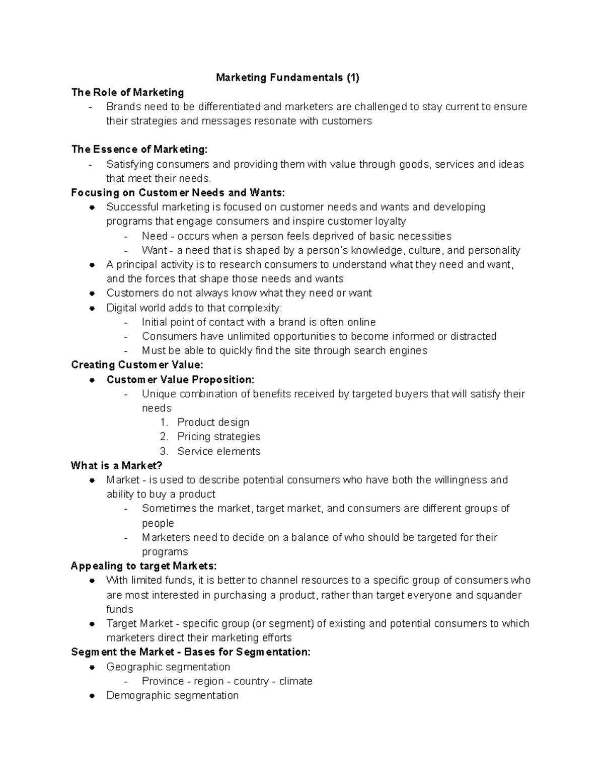 MKTG Chapter 1 - Lecture 1 Notes - Marketing Fundamentals (1) The Role ...