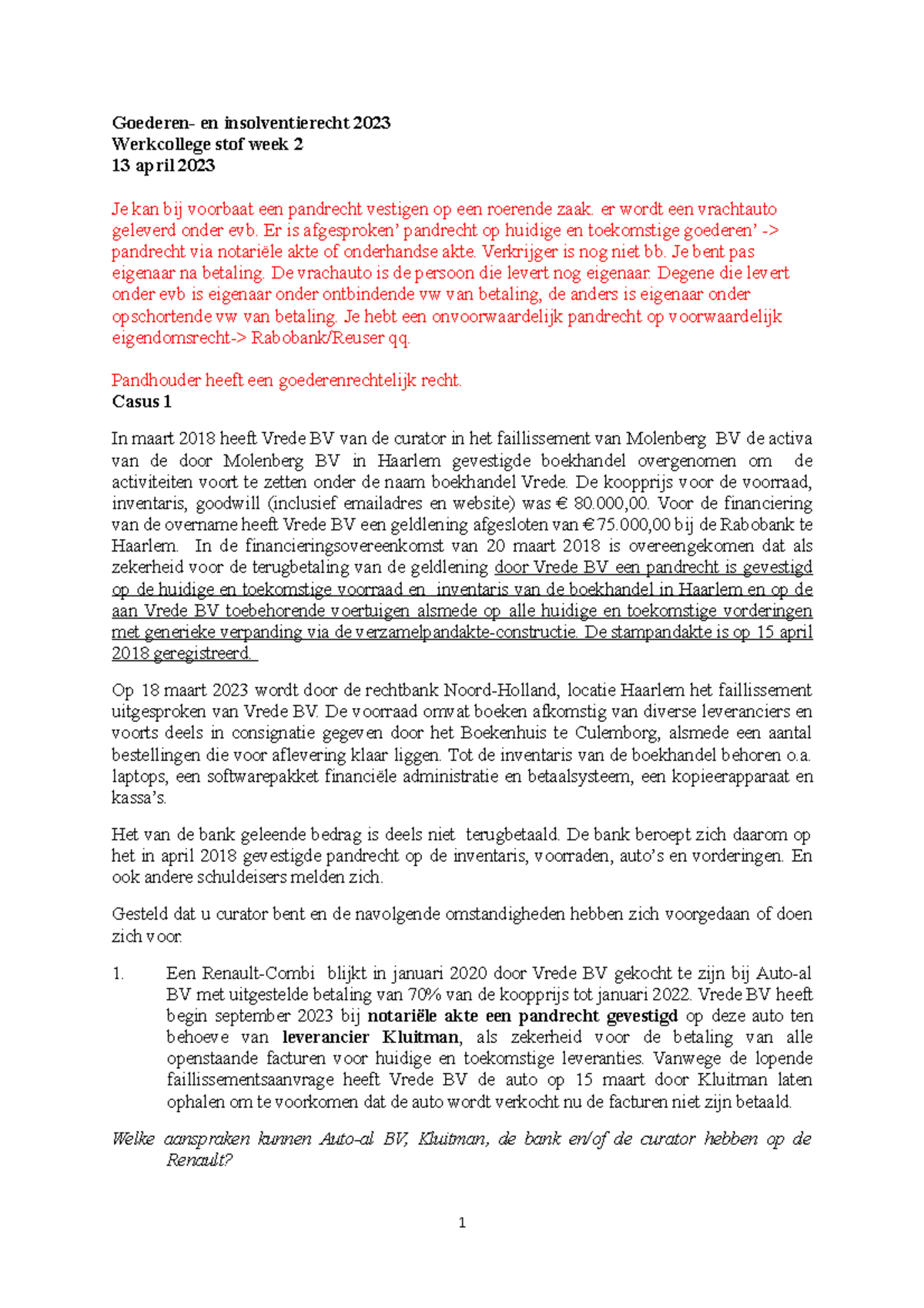 Opdrachten Week 2 2023 Antwoorden Goederen En Insolventierecht 2023