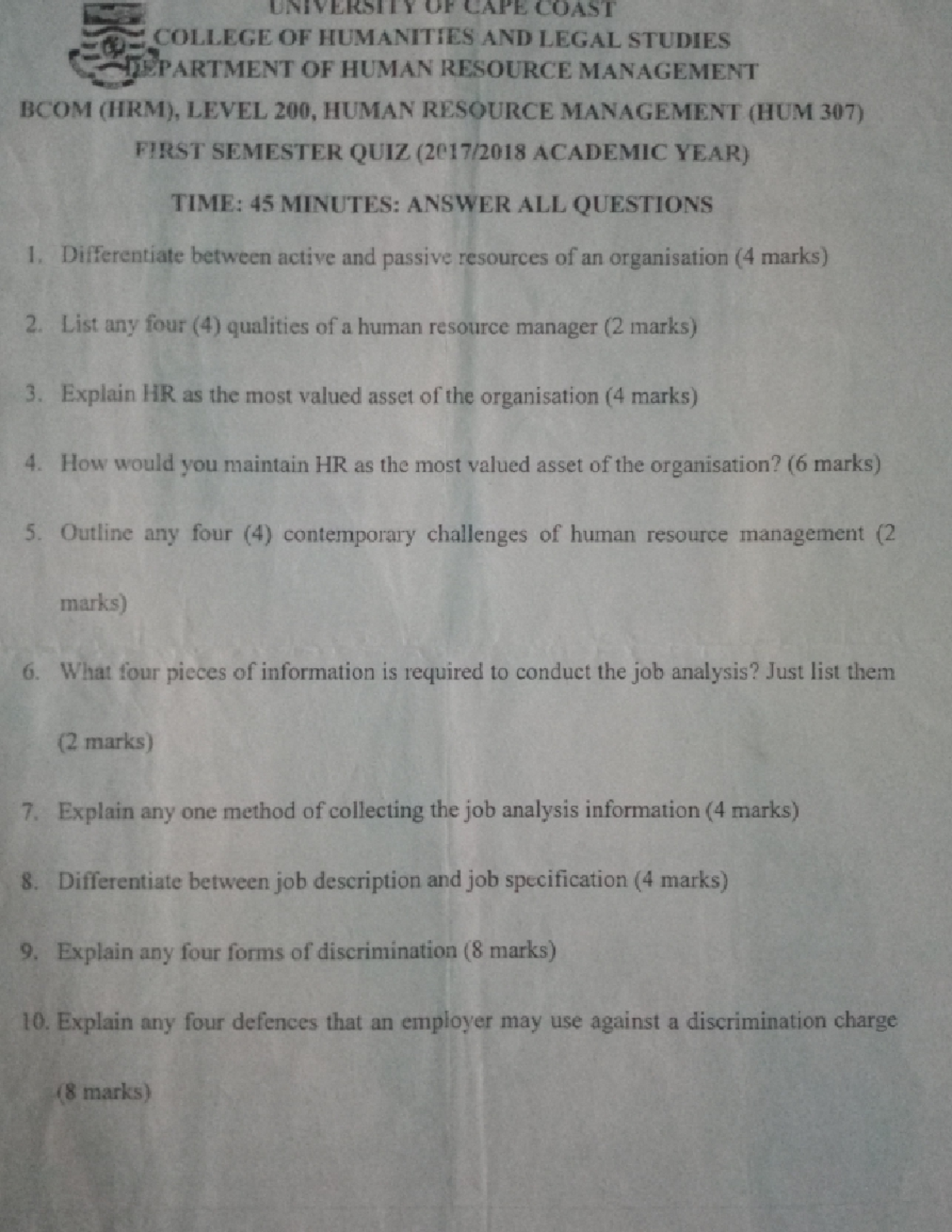 HRM past Questions - Human Resource - Business Economics - Studocu