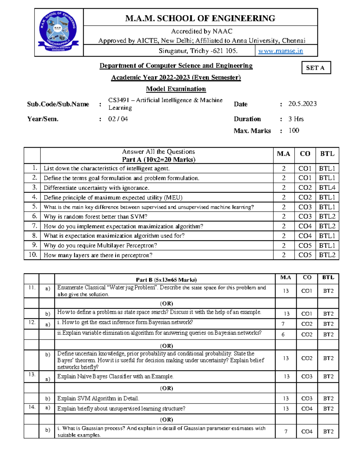 AI & ML Model SET A - Question Paper - M.A. SCHOOL OF ENGINEERING ...