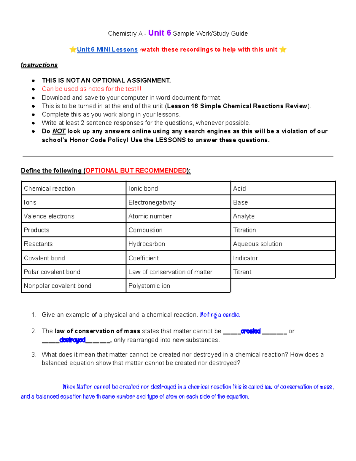 Copy of Chem A Unit 6 Sample Work - Chemistry A - Unit 6 Sample Work ...