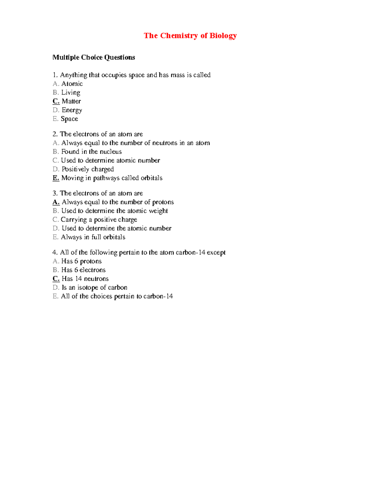 Chemistry of Biology - Exam - The Chemistry of Biology Mul t i pl eChoi ...