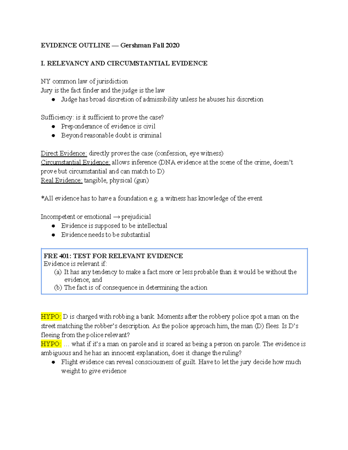 Evidence Outline — Gershman Fall 2020 - EVIDENCE OUTLINE — Gershman ...
