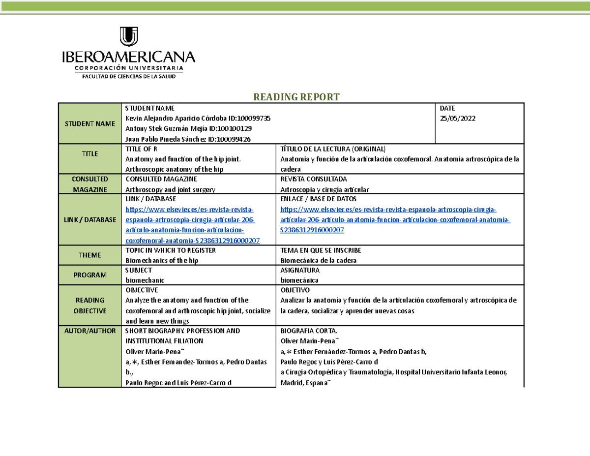 Formato Reading Report - READING REPORT STUDENT NAME STUDENT NAME Kevin ...