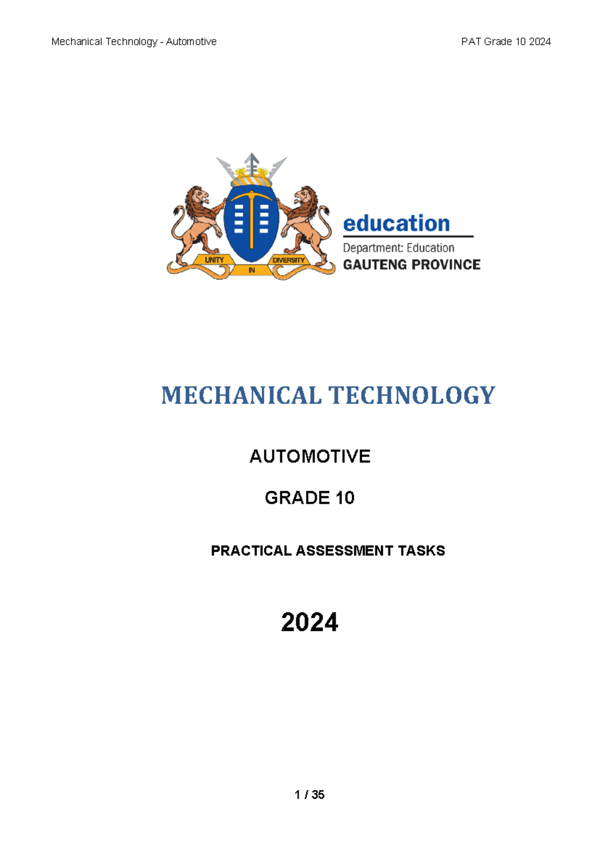 Grade 10 GDE PAT Auto 2024 - MECHANICAL TECHNOLOGY AUTOMOTIVE GRADE 10 ...
