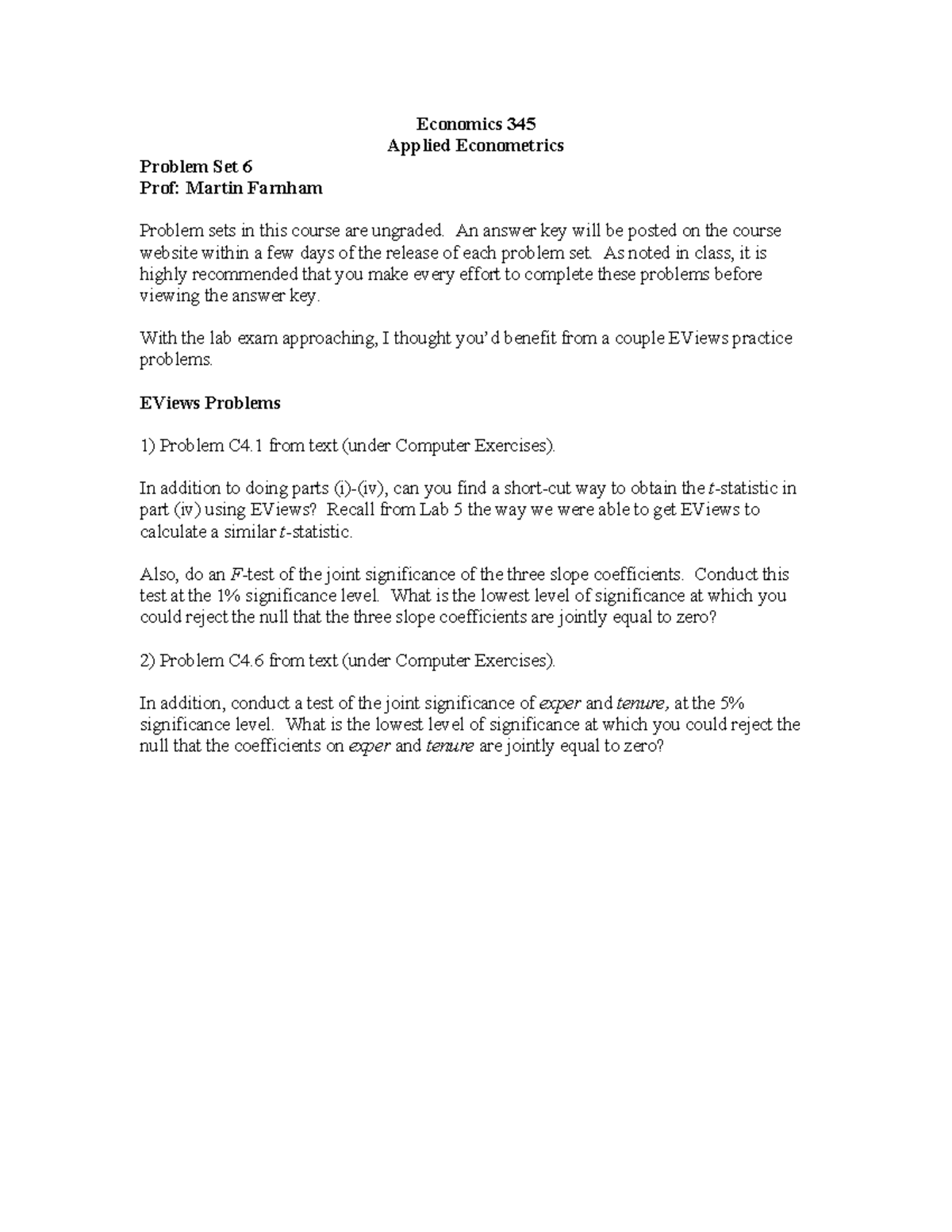 Tutorial work - problem set 6 + solutions - Economics 345 Applied ...