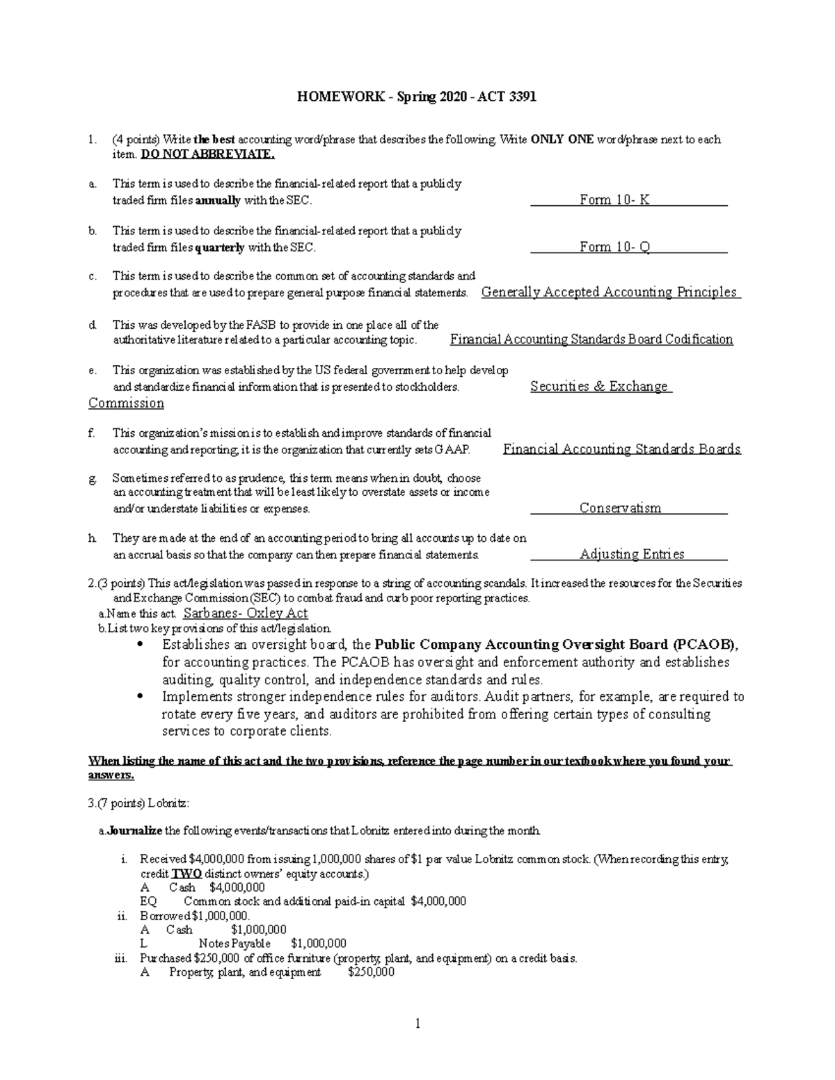 ACT3391Traditional HW #1- chp. 1-3 - HOMEWORK - Spring 2020 - ACT 3391 ...