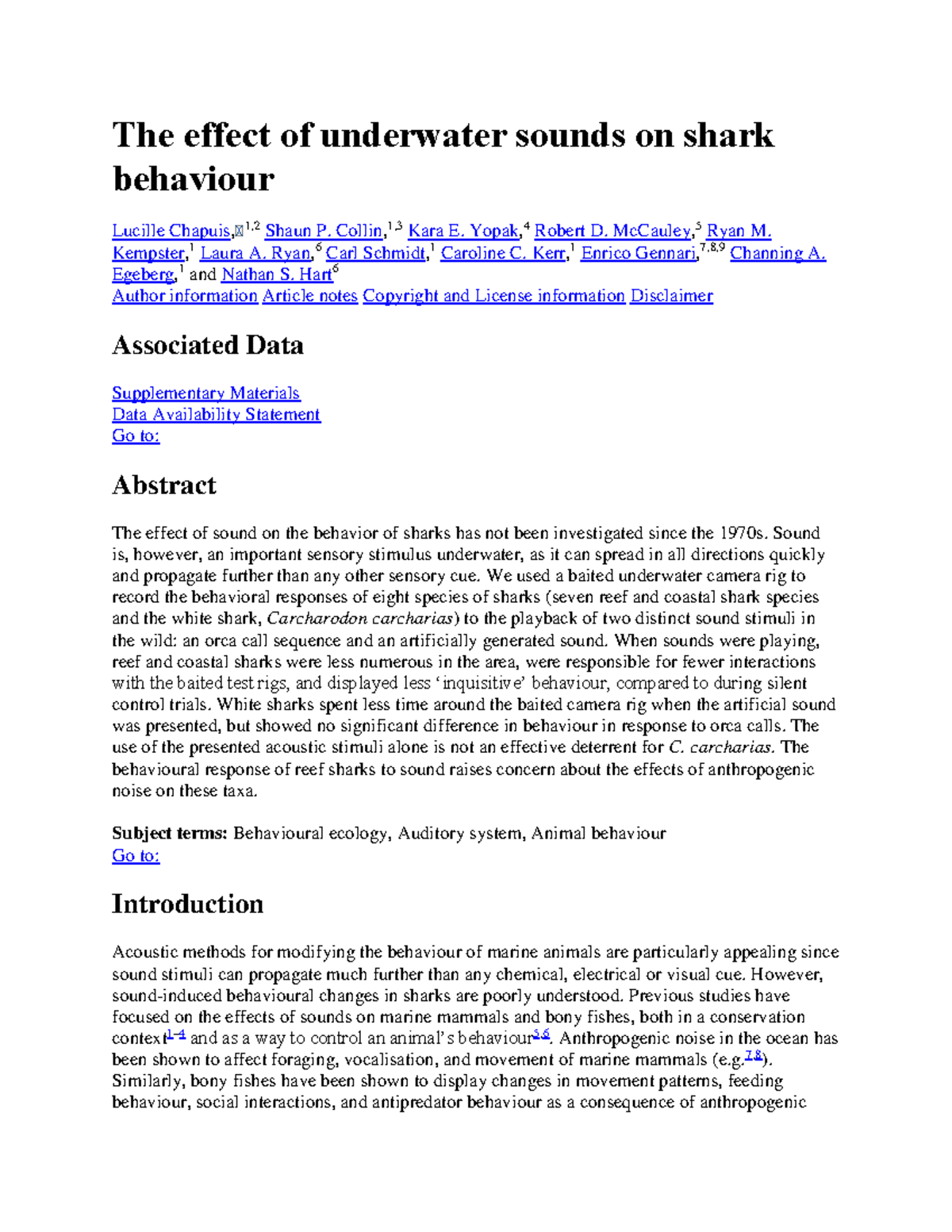 The effect of underwater sounds on shark behaviour - The effect of ...