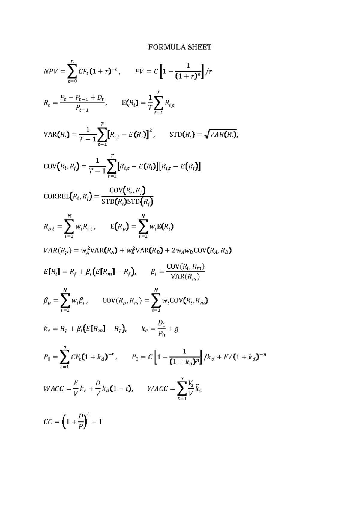 Final exam formula 2020 - FORMULA SHEET 푁푃푉= 퐶퐹'1 + 푟+' , '-. , 푃푉 = 퐶 ...