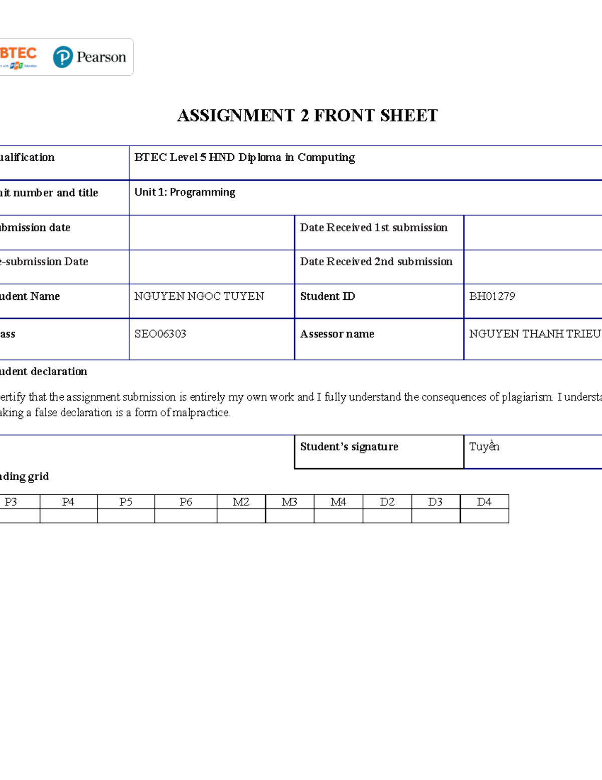 Assignment 123 - okk - ASSIGNMENT 2 FRONT SHEET BTEC Level 5 HND Diploma in Computing Unit 1 ...