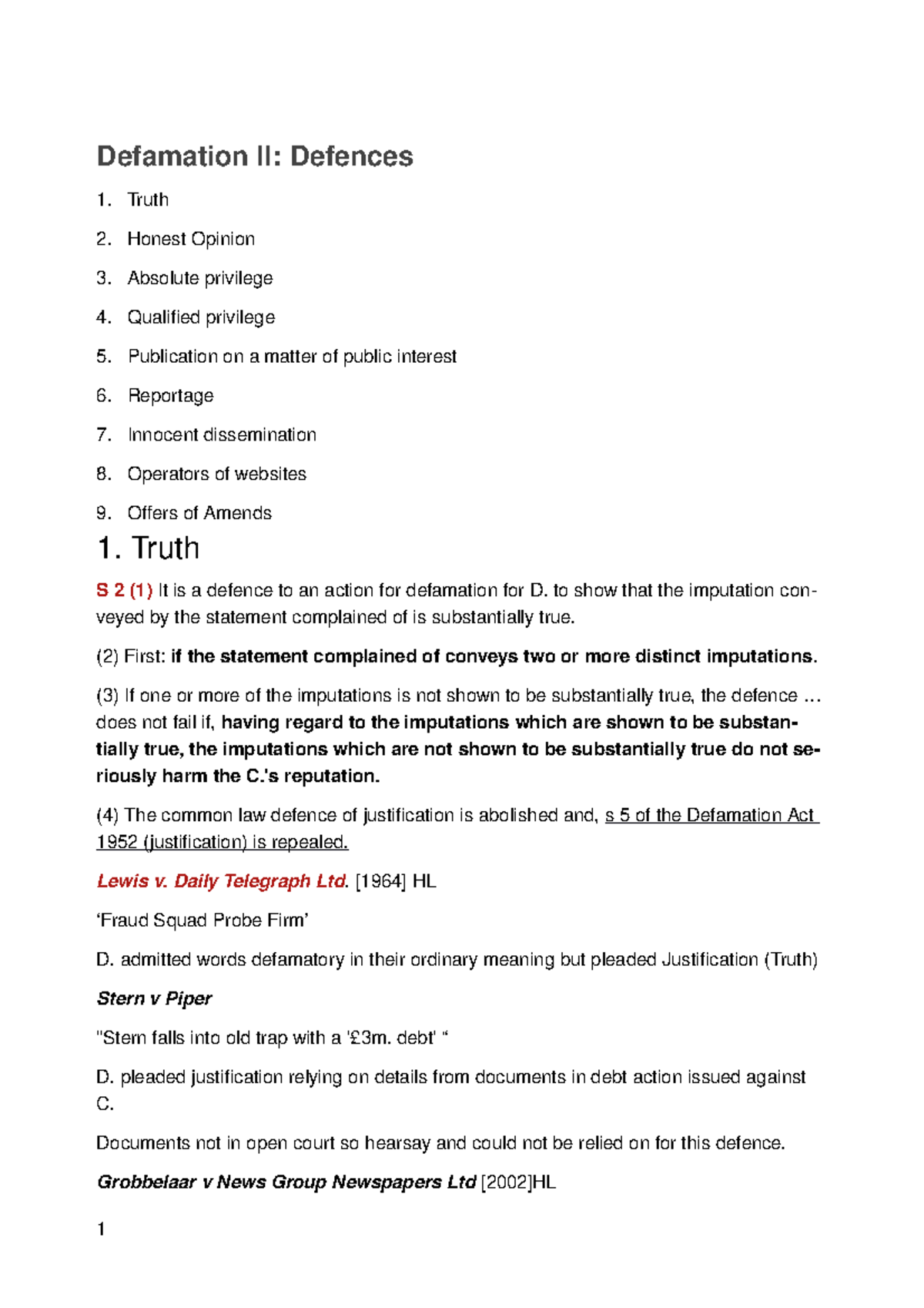 Defamation II Defences - Defamation II: Defences 1 2 Opinion 3 ...