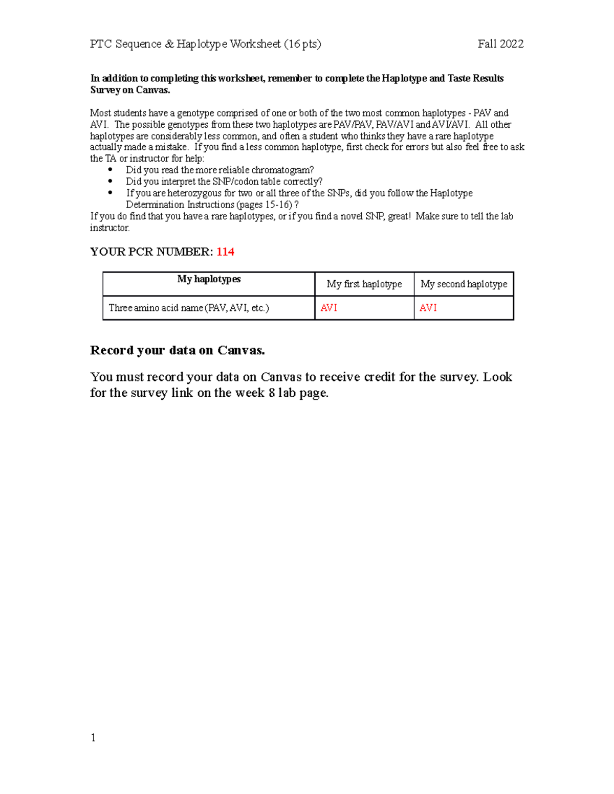 PTC and Haplotypes Lab Worksheet - In addition to completing this ...