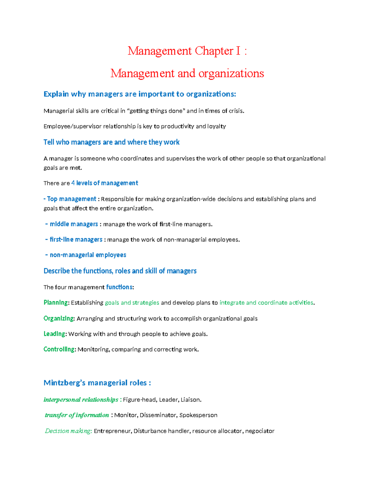 Management résumé CH 1,2,3,4,5 - Management Chapter I : Management and organizations Explain why ...